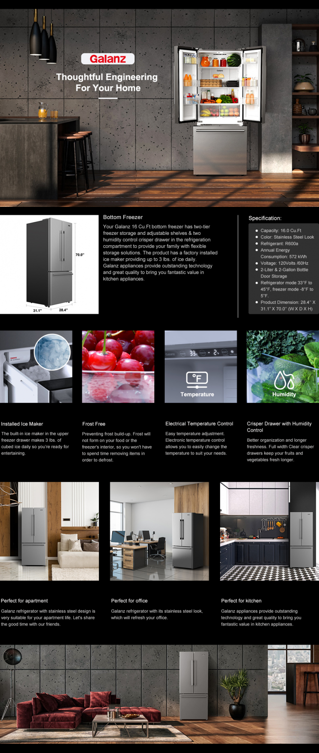 GLR16FS2K16 16 Cu Ft 3 Door French Door Refrigerator with Built-in Ice ...